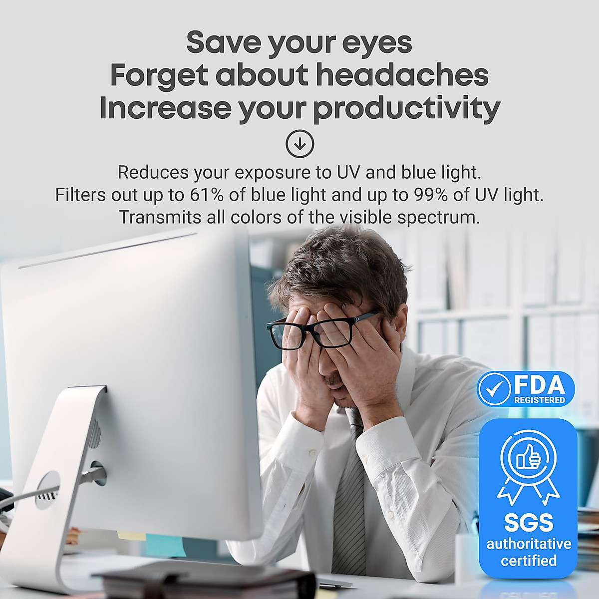 Universal Blue Light Blocking Screen Protector Panel for 23, 23.6, 23.8, 24 inch Diagonal LED PC Monitor Anti-UV Eye Protection Filter Film - Widescreen Monitor Frame Hanging Type (W 21.2" X H 13.4")