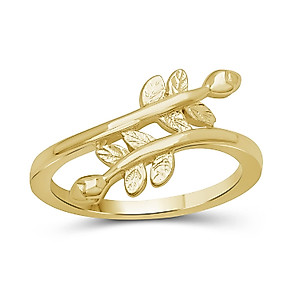 JEWELEXCESS 14K Gold over Silver Leaf Friendship Ring for Women | Dainty 14k Gold over Silver Promise Ring For Women | Stackable Silver Open Band Olive Branch Ring For Women