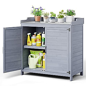 Gizoon Outdoor Potting Bench with Metal Tabletop, Double Doors Garden Potting Table with Adjustable Shelf, Wooden Planting Table Potting Stand for Backyard, Patio, Lawn -Grey