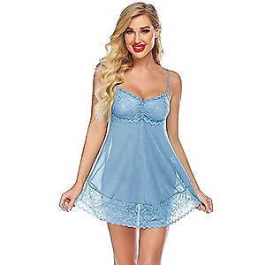 Avidlove Women V-Neck Lingerie Lace Babydoll Chemise Nightwear Outfits(Clear Blue, M)