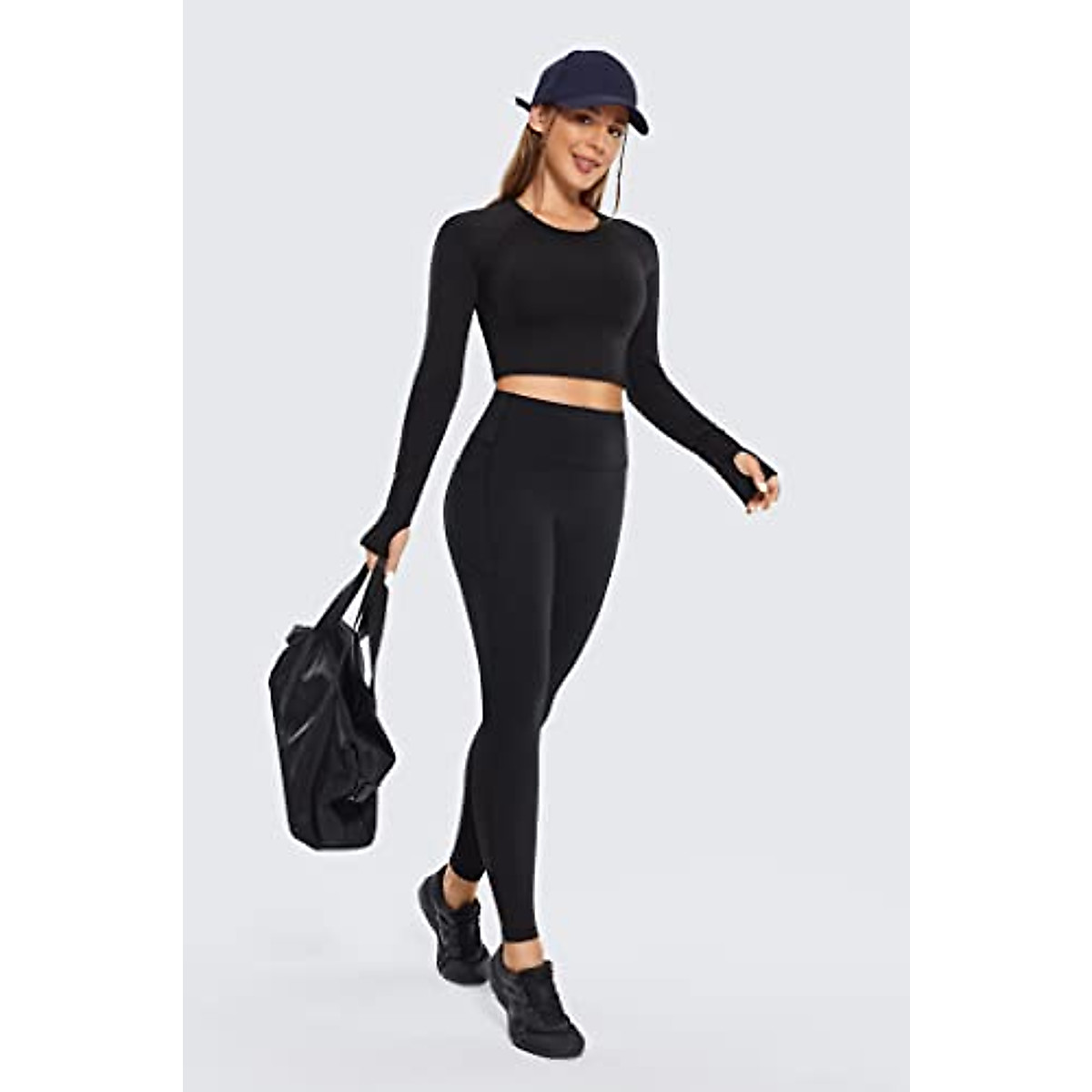 VANTONIA Women's Seamless Long Sleeve Crop Top Cute Workout Yoga Top Breathable Sports Running Gym Shirts with Thumb Holes Dark Black Marl X-Large