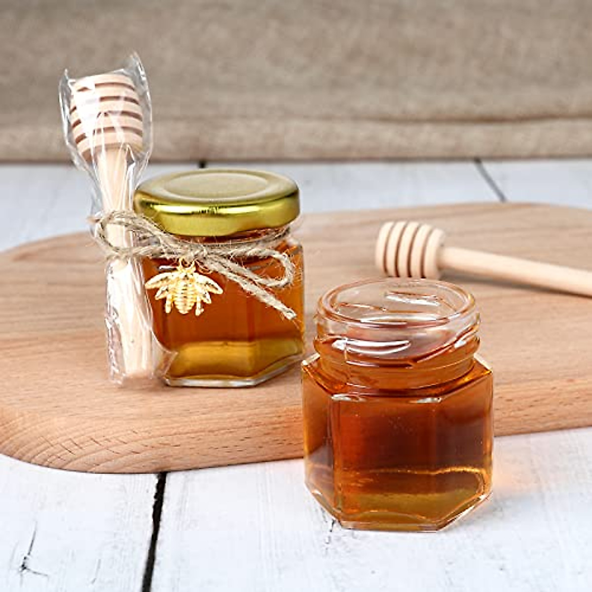 1.5 oz Hexagon Mini Glass Honey Jars -30Pack Honey Jars with Wood Dipper, Gold Lid, Bee Pendants, Jutes - Perfect for Baby Shower, Wedding Favors, Party Favors