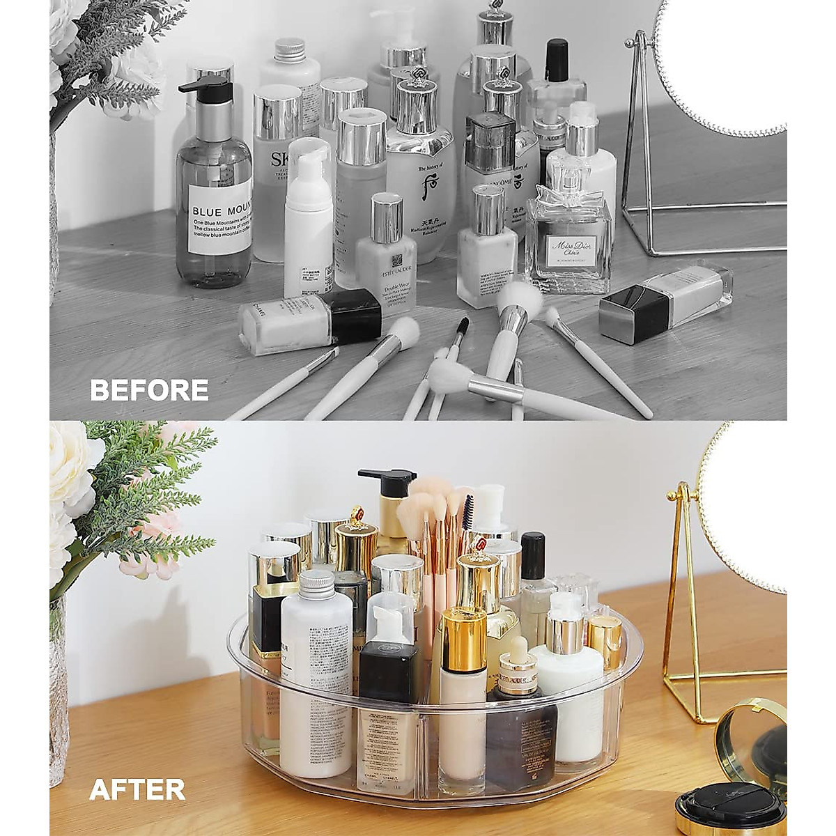 MOXOXKY 2 Tier Lazy Susan Organizer，11.5+9.2 inch Clear 360°Turntable Organizer, Lazy Susan Skin Care Organizer，Spice Rack Organizer for Cabinet for Kitchen, Pantry, Refrigerator, Table