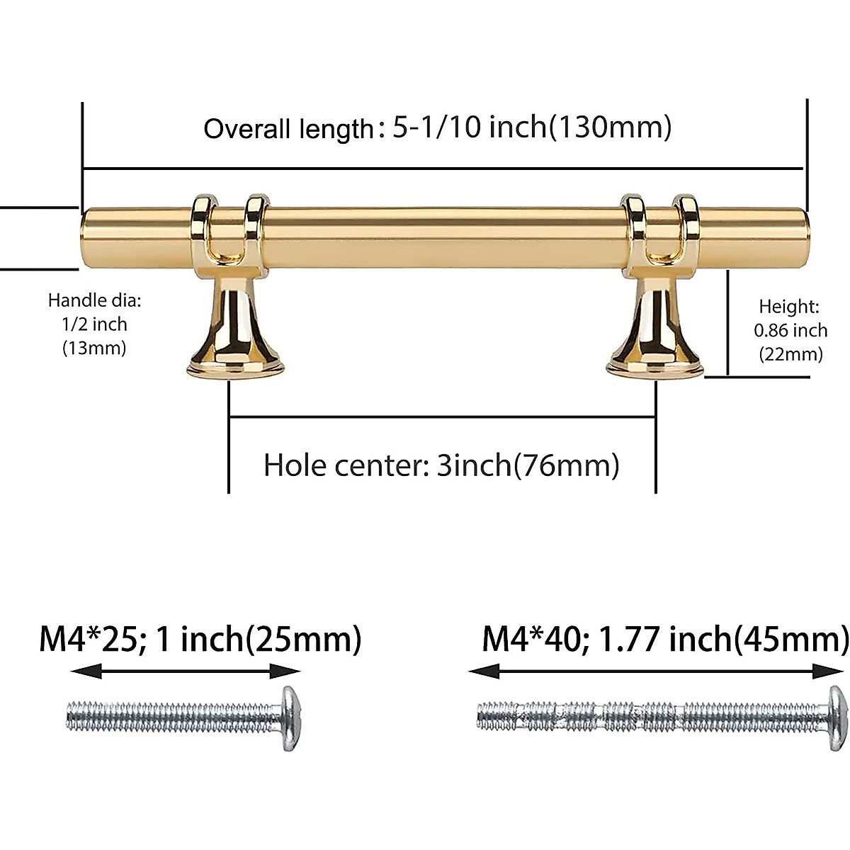 Haliwu 10 Pack Gold Cabinet Handles, Brushed Brass Pulls Kitchen Barrel Champagne Gold Pull Hardware, 3 inch Hole to Hole Center