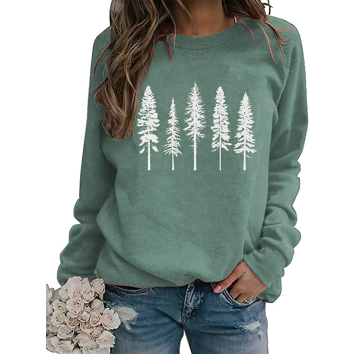 FCDIED Womens Funny Pine Tree Camping Sweatshirt Casual Fall Outdoor Hiking Pullover Travel Long Sleeve O-Neck Pullover Tops (L, Green)