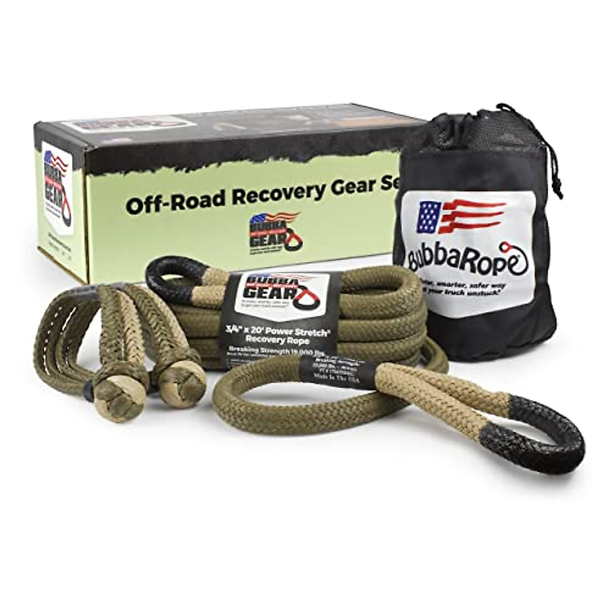 Bubba Rope Heavy-Duty Off-Road Vehicle Tow Recovery Gear Set Renegade Power Stretch Recovery Rope, 3/4” x 20’ & NexGen PRO Gator-Jaw Synthetic Shackles, 3/8” x 6.5” - Desert Tan
