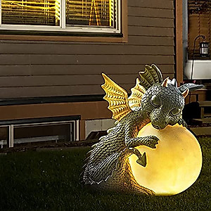 G Ganen Garden Dragon Statue, Resin Dinosaur Outdoor Sculptures - Cute Garden Dragon Figurines with LED Lights for Home Decor, Patio Lawn Yard Decor