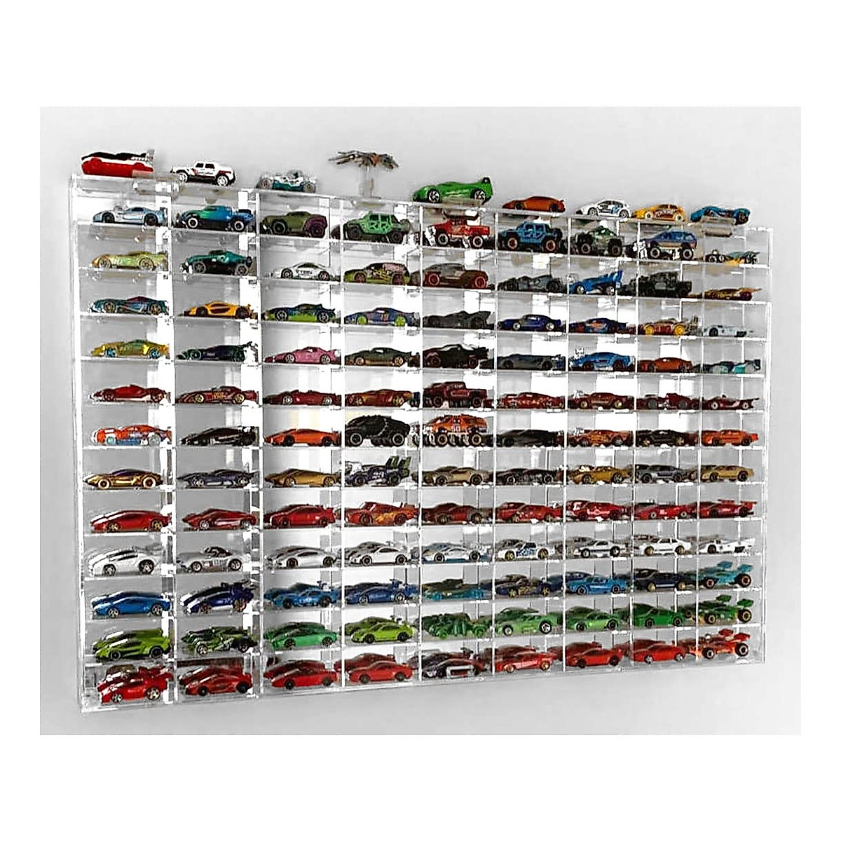 Display Case Wall Cabinet for 1:64 Scale Matchbox Hot Toy Cars Wheels 108 Slots UV Protect Mirrored Background