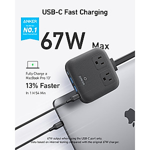 Anker Nano Charging Station(67W Max), 6-in-1 USB C Power Strip for iPhone 15/14 and MacBook, with Flat Plug and 5ft Thin Undetachable Extension Cord,2 AC,2 USB A,2 USB C, for Home&Office(Black Stone)