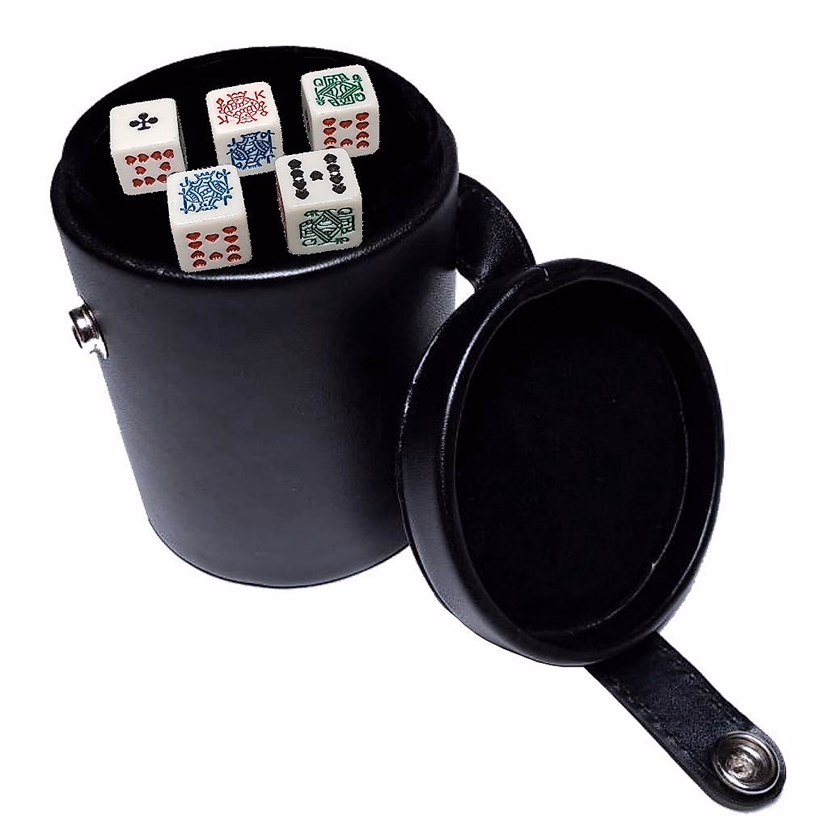 Black Leatherette Deluxe Dice Cup with Storage Compartment for Included Poker Dice Set with Clubs Ace Design