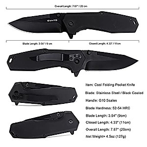 EMHTiii EDC Pocket Folding Knife - 3.54" Stainless Steel Black Blade, G10 Scales Liner Lock, Men Women Camping Knives with Clip EMH03