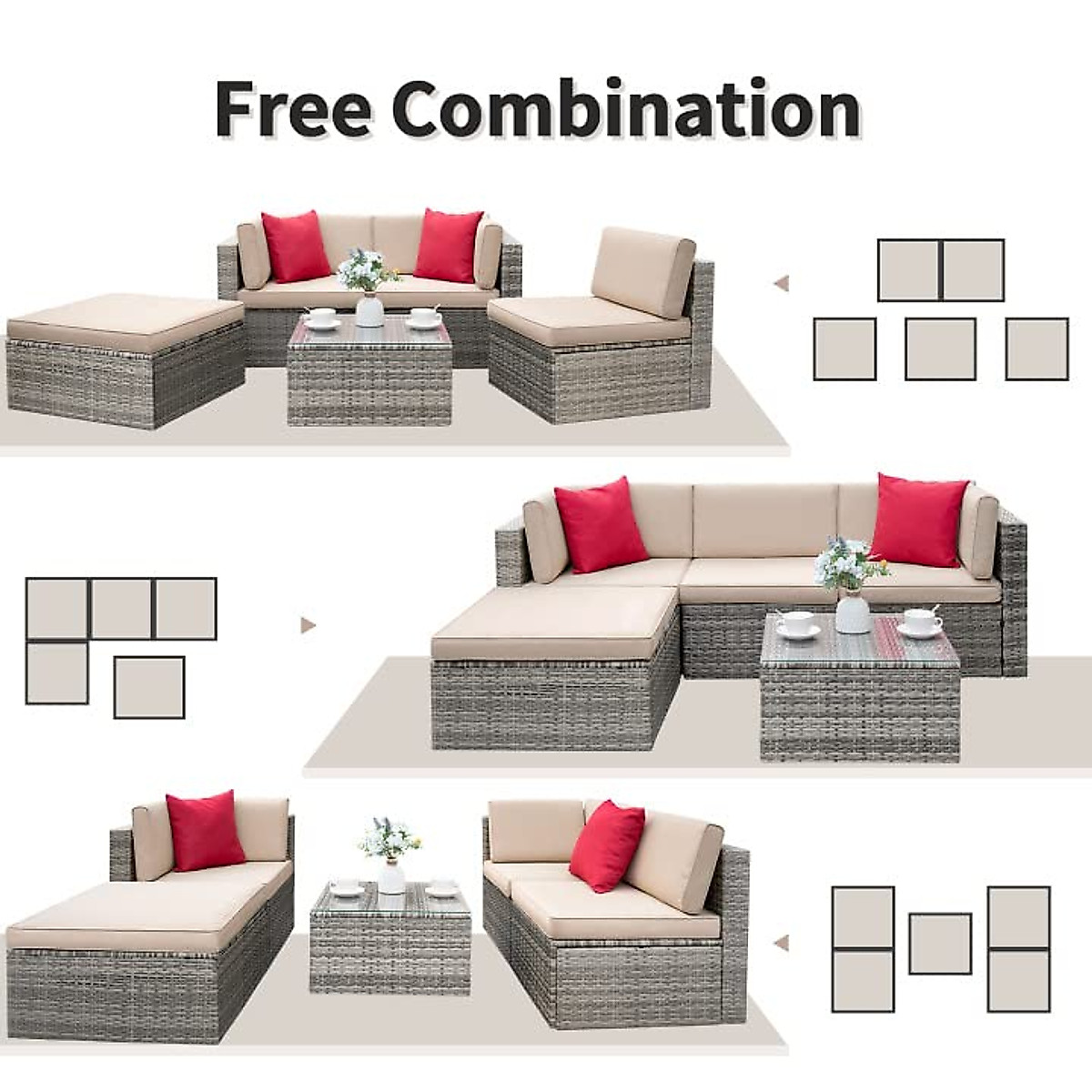 Tuoze 5 Pieces Patio Furniture Sectional Outdoor All Weather PE Rattan Wicker Lawn Conversation Cushioned Sofa Set with Glass Coffee Table (Grey)