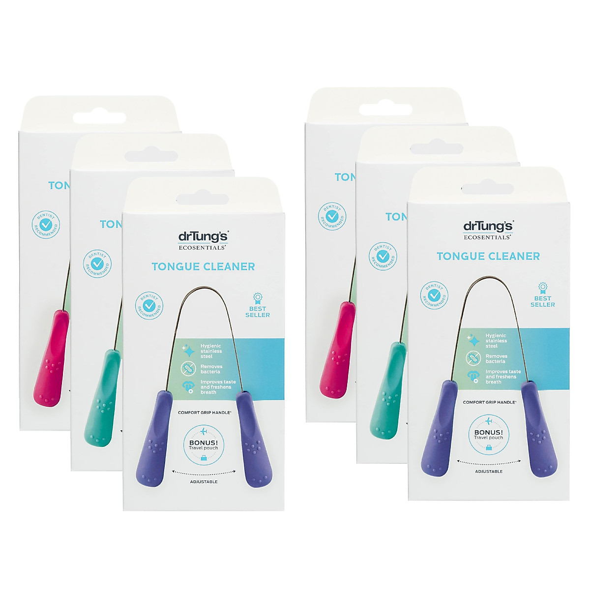 DrTung’s Stainless Steel Metal Tongue Scraper - Tongue Cleaner for Adults, Kids, Helps Freshen Breath, Easy to Use Comfort Grip Handle, Comes with Fabric Travel Pouch - 6 Pack
