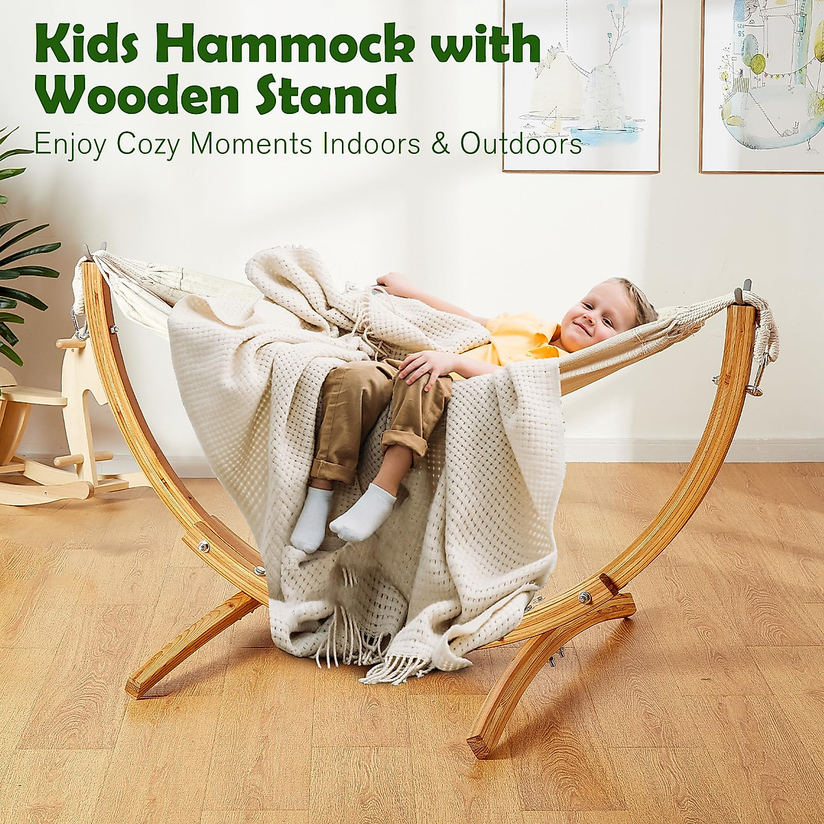FUNLIO Wooden Hammock with Stand for Kids 3-5 Years, Premium Solid Wood Kids Hammock Chair Stand, Stable Structure, Wider & Longer Children Hammock, 220lbs Capacity, CPC Certified
