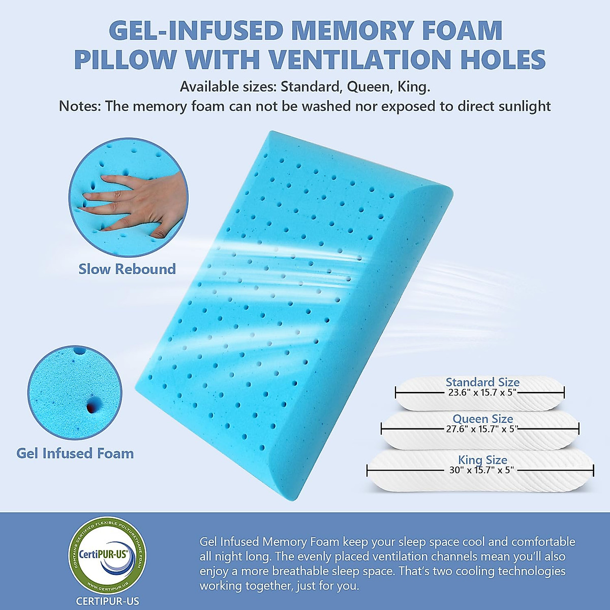 Ubozaw 2 Pack Cooling Gel Memory Foam Pillows for Sleeping, Firm Foam Bed Pillows with Holes, Ventilated Memory Foam Pillows for Back and Side Sleepers, 5 Inch Loft, with Washable Cover, Queen Size