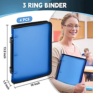 Teling 4 Pcs 1 Inch Blue Zipper Binder with 3 Ring Zipper Binder, Refillable Plastic Clear File Organizer Planner for Projects, Assignments, Memos, School Work, 13.2 x 10 Inch