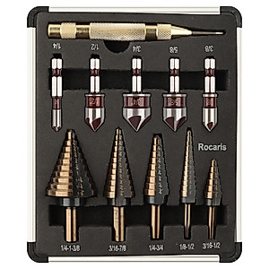 Rocaris 5 Pack Step Drill Bit & 5 Pack M2 Countersink Drill Bit Set, Titanium Coated, 50 Sizes of Step Bit for Metal with Aluminum Case, Multiple Hole Stepped Up Bits for DIY