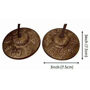 Purpledip Brass Tingsha Bell Holy Symbols: Buddhist Tibetan Handheld Cymbals Chimes Manjeere Musical Instrument For Prayer Meditation, 3 Inches (10679)