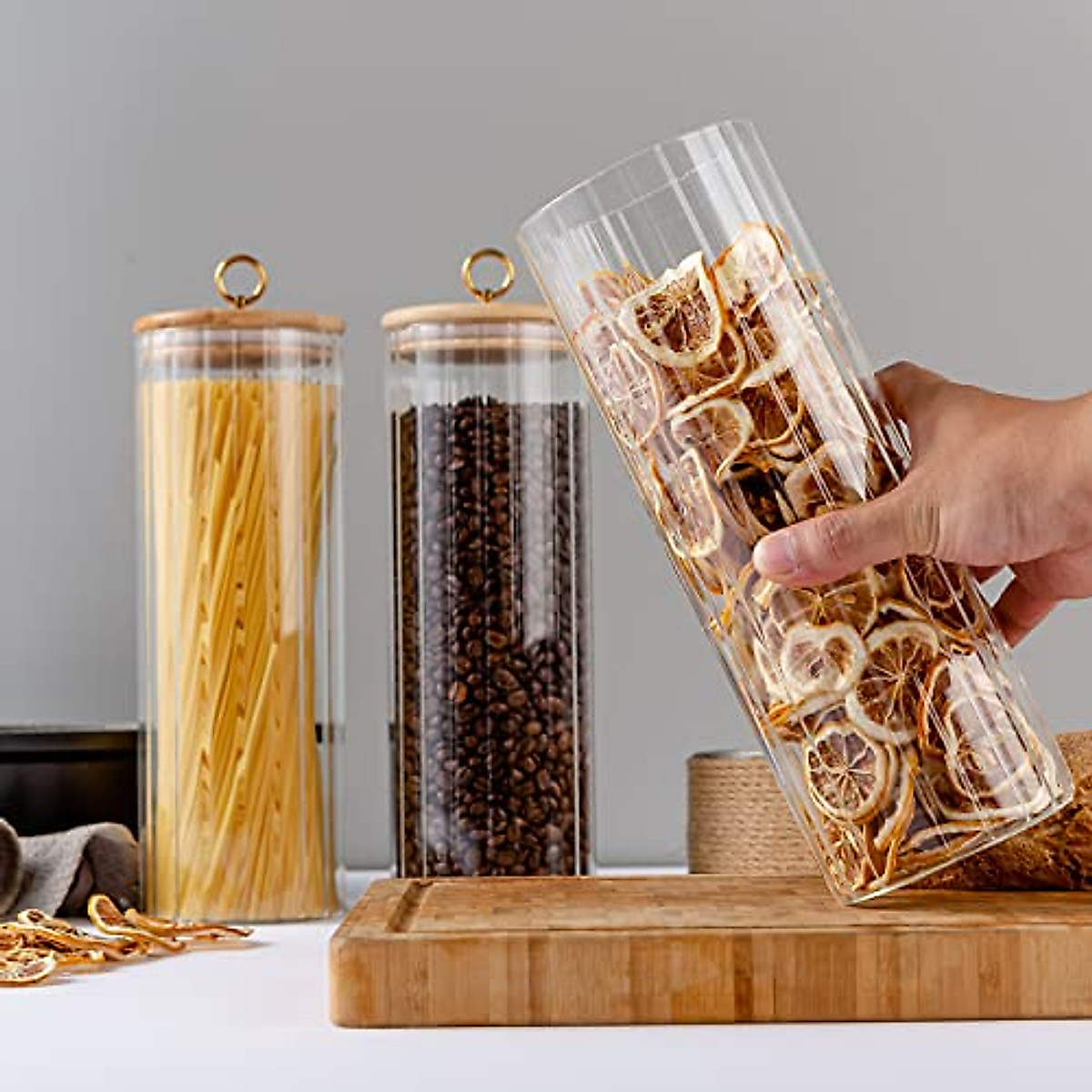 Facilfeliz 3 Pack Glass Food Storage Jars, 64 oz Glass Food Storage Containers with Airtight Bamboo Lids, Pantry Organization Jar for Spice, Flour & Sugar Container, Canister Set for Kitchen Counter