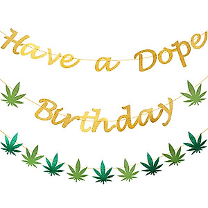 2 Pieces Pot Leaves Birthday Banner Glittery Green Weed Leaves Banner Gold Letter Banner for Birthday Party Decoration Supplies