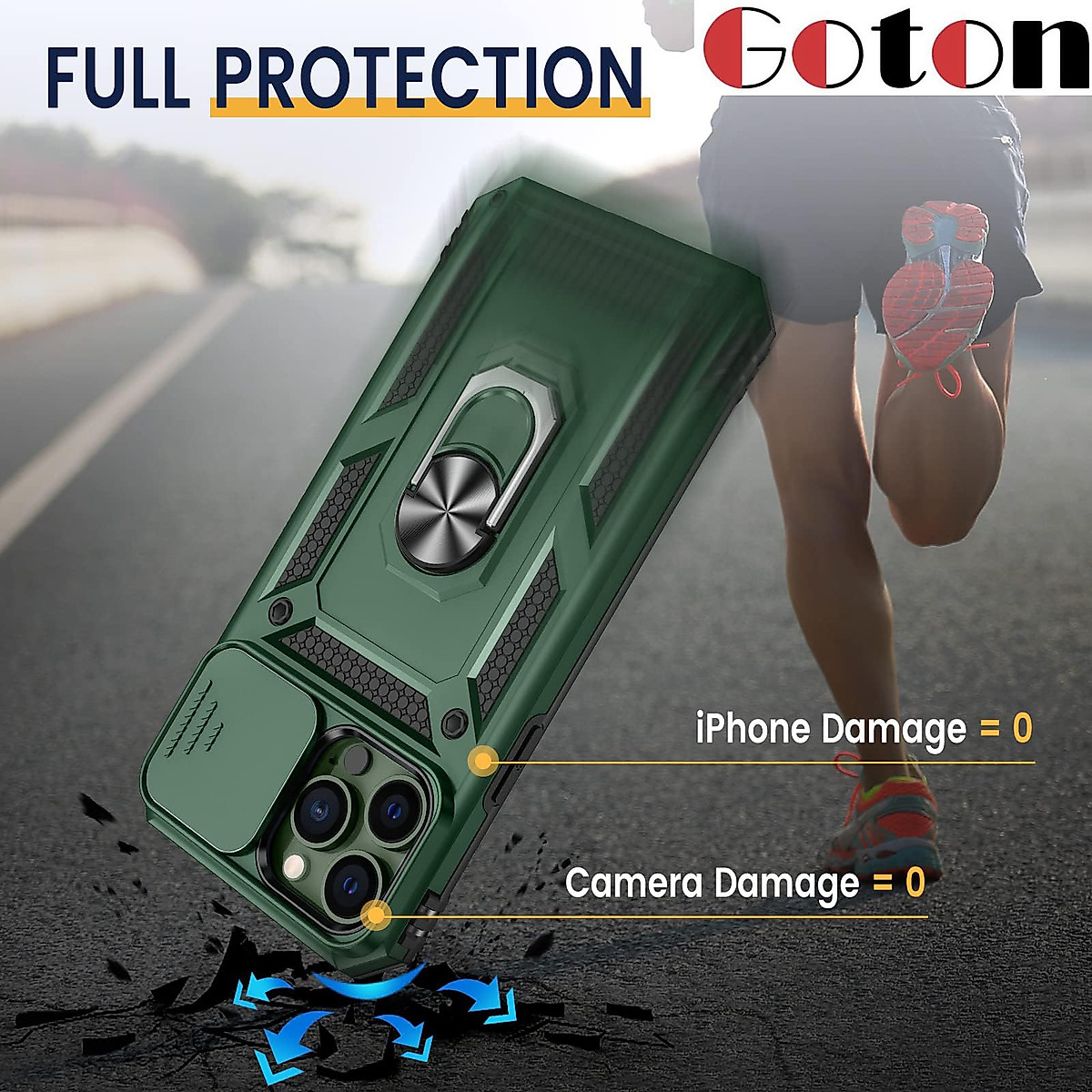 Goton for iPhone 13 Pro Max Case with Slide Camera Cover & 360° Rotate Ring Stand [Military Drop Protection] Shockproof Heavy Duty Protective, Armor Phone Case with Magnetic Car Mount Holder Green