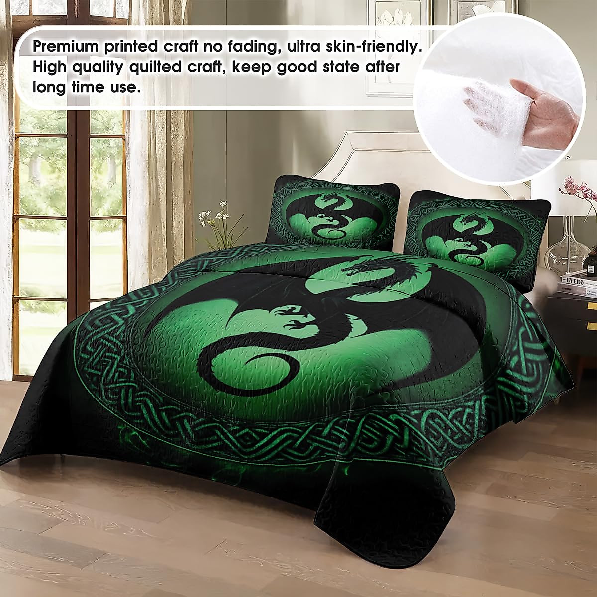 Personalized Dragon Quilt Set Dragon Scale Blue Bedding Set Twin Size Dragon Bedding Dragon Throw 3D Bedding Set Dragon Comforter for Boys Children Teens (Green Black Dragon)
