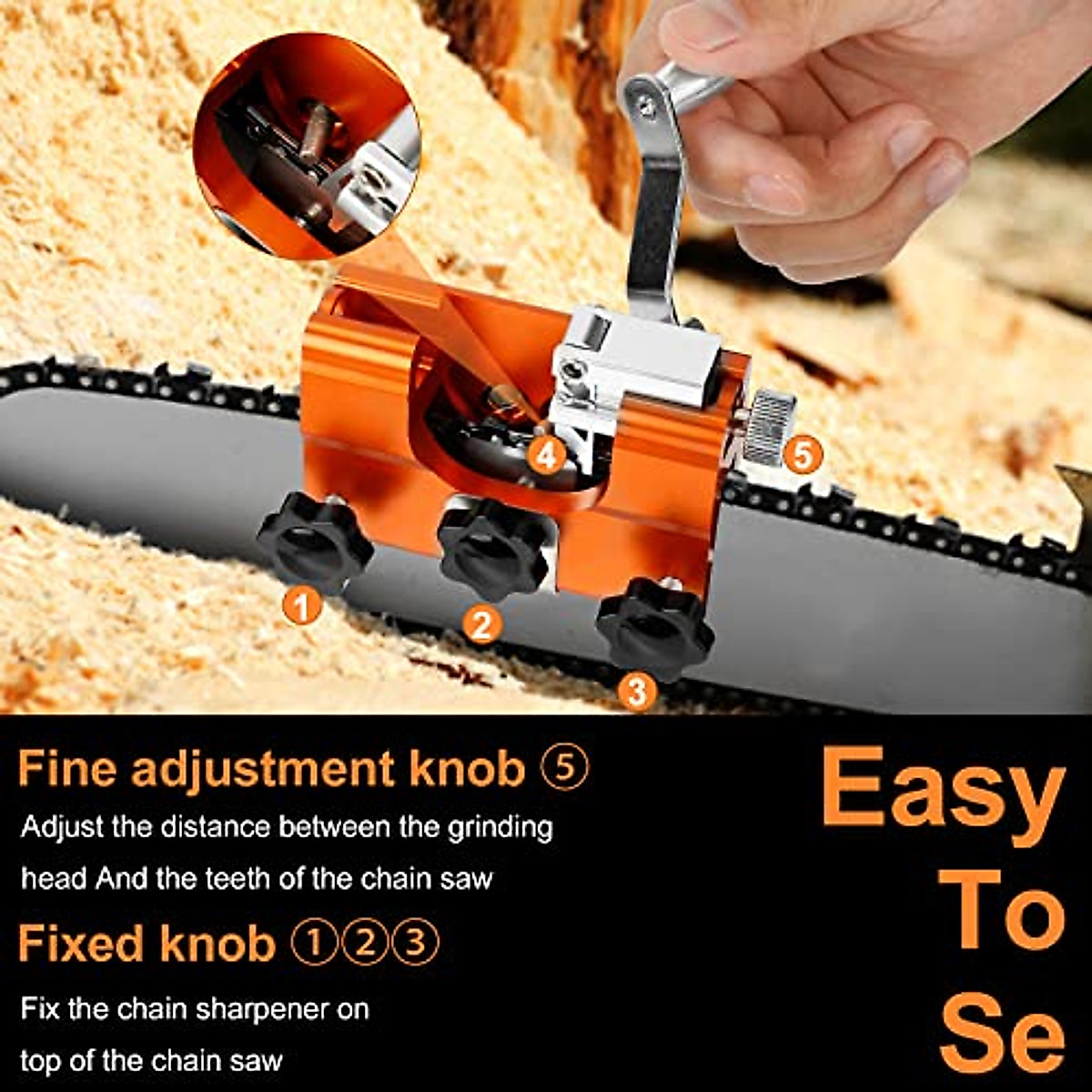Chainsaw Sharpener, Chainsaw Sharpening Jig Hand Crank with 3 Grinding Rod, Portable Manual Steel Chainsaw Blade Sharpener Tool Attachment for Gas/Electric Chain Saw, Lumberjack and Garden Worker