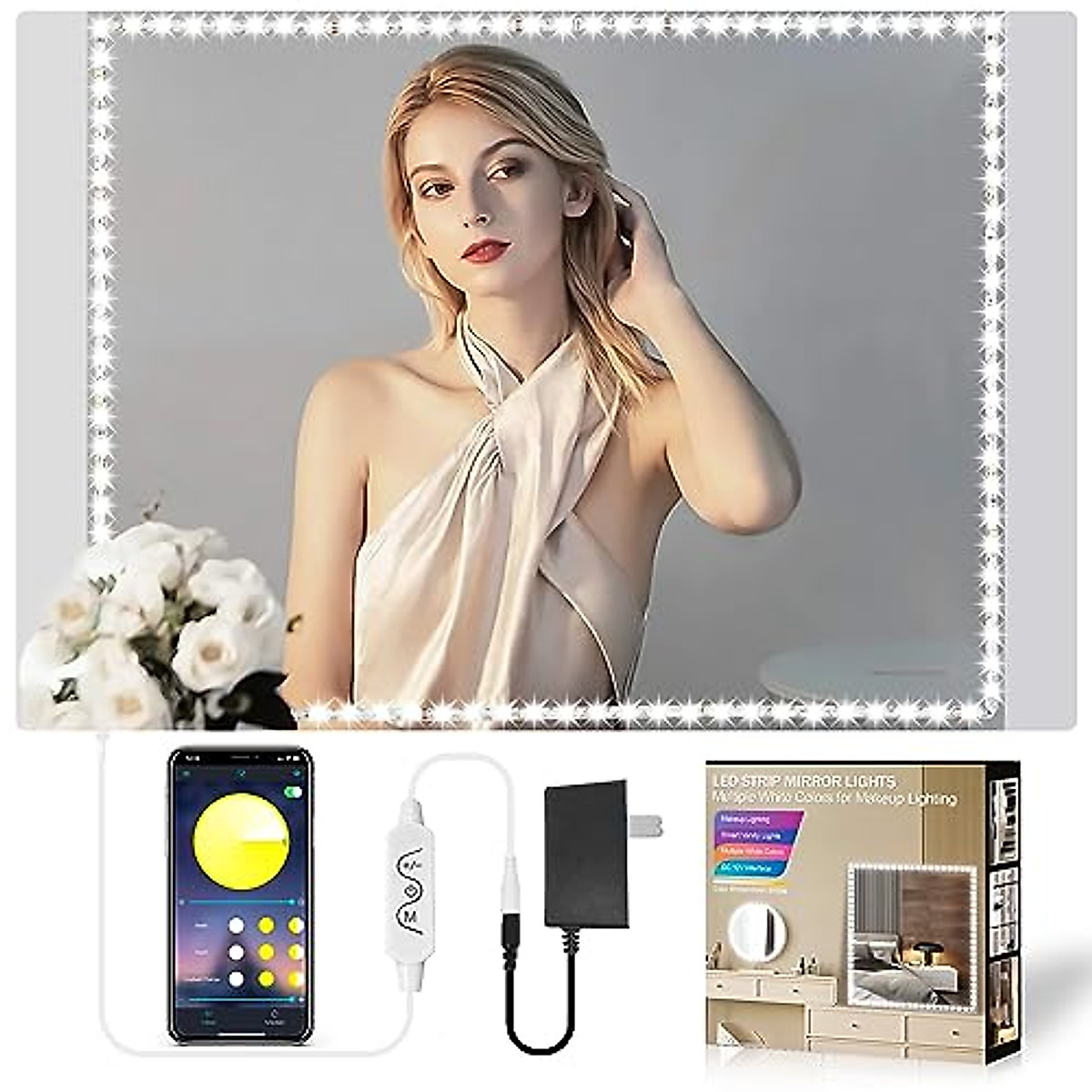 13ft Bendable Vanity Lights for Mirror, LED Makeup Light Strip With Dimmer and Power Supply, Ultra Bright White for Desk & Bathroom, Mirror Not Included