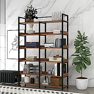 MENGK 70.8 Inch Tall Bookshelf MDF Boards Stainless Steel Frame, 6-Tier Shelves with Back&Side Panel, Adjustable Foot Pads, Brown