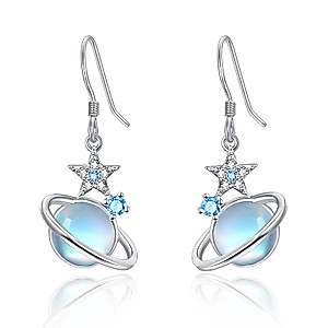 Dreamboat Planet Earrings Saturn Earrings Space Earrings for Women Star Earrings Earth Moonstone Earrings 925 Sterling Silver Hypoallergenic Hook Dangle Earrings Celestial Jewelry