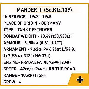 COBI Company of Heroes 3 MARDER III (Sd.Kfz. 139) Mobile Artillery| German World War II Model Toy Vehicle | 420 Pieces | 1:35 Scale Model | Interlocking Building Block Set # 3050