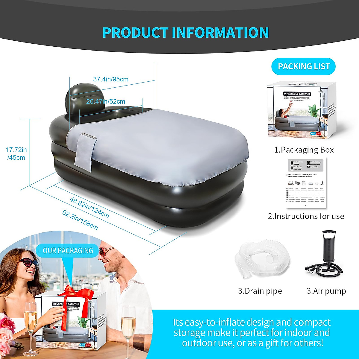 INFLATOAST Portable Bathtub Adult,Ice Bath Tub For Athletes,Inflatable Bathtub Including Air Pump,Easy To Inflate＆Drainage,Cold Plunge Tub,Portable Tub For Home SPA,Hot Bath＆Ice Bath (dark grey)