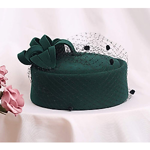 Z&X British Vintage Wool Felt Pillbox Hat Ladies Church Derby Winter Fascinator Hat Veil Flower Fedoras Green