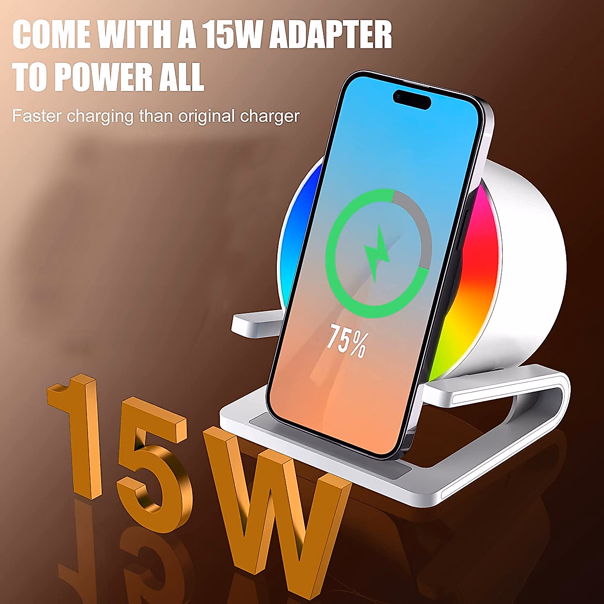 Cell Phone Wireless Charging with Bluetooth Speaker LED Colorful Night Light,Bedside Lamp with Phone Stand 15W Charger for iPhone 14 13 12 11 Pro Max XR XS Plus Samsung Galaxy S21 S20 Note 20 10 etc