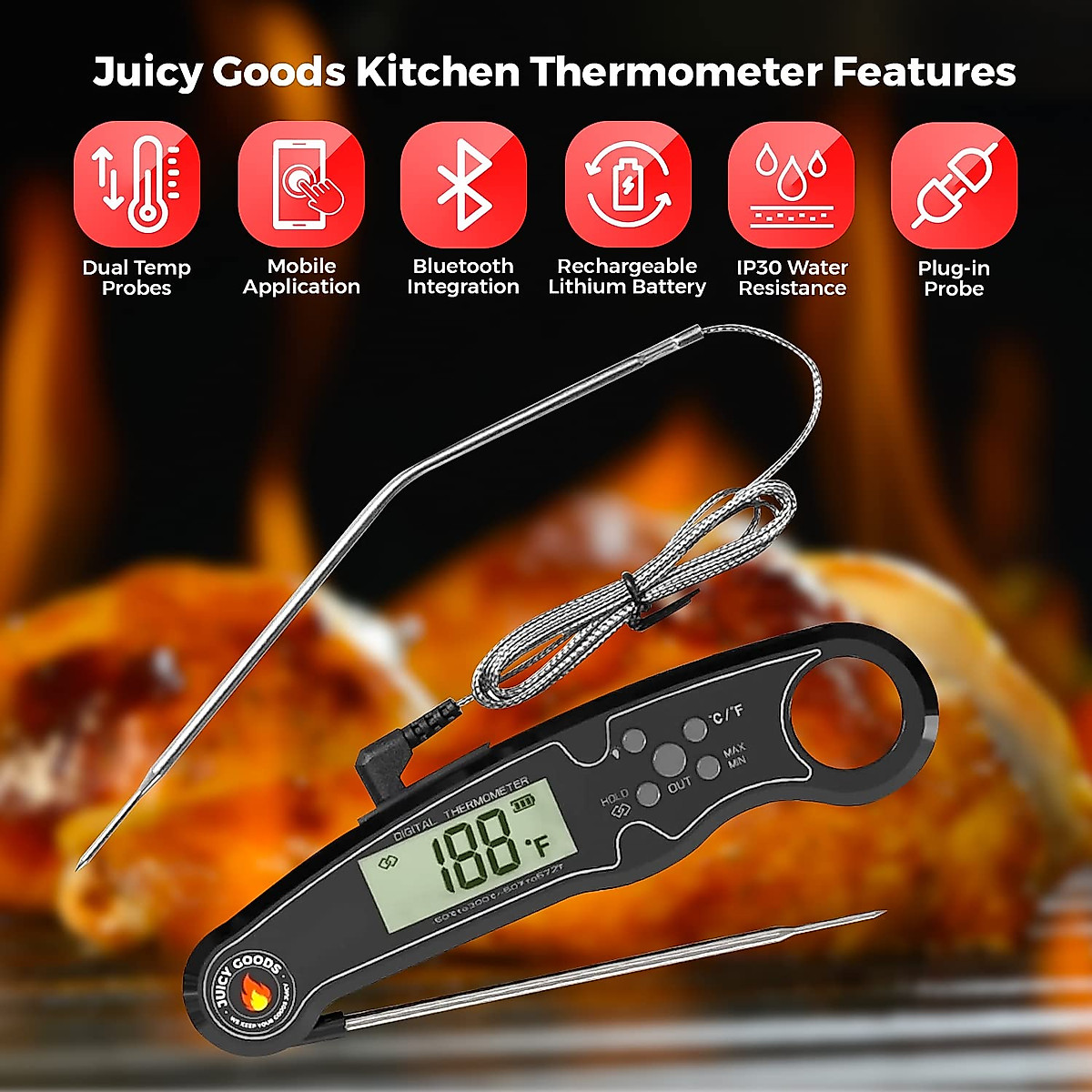 Bluetooth Digital Meat Thermometer- Dual Probe BBQ Thermometer- Cooking Thermometer with Mobile App Rechargeable Battery & Built-in Magnet-Water Resistant Instant Read Food Thermometer