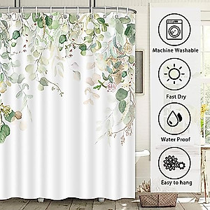 QOQIBU Green Plant Shower Curtain for Bathroom with 12 Hooks,Waterproofing Enhanced Shower Curtains with Eucalyptus Leaf Plant Pattern,Floral Shower Curtain Inspired by Nature for Decoratin-72 x72