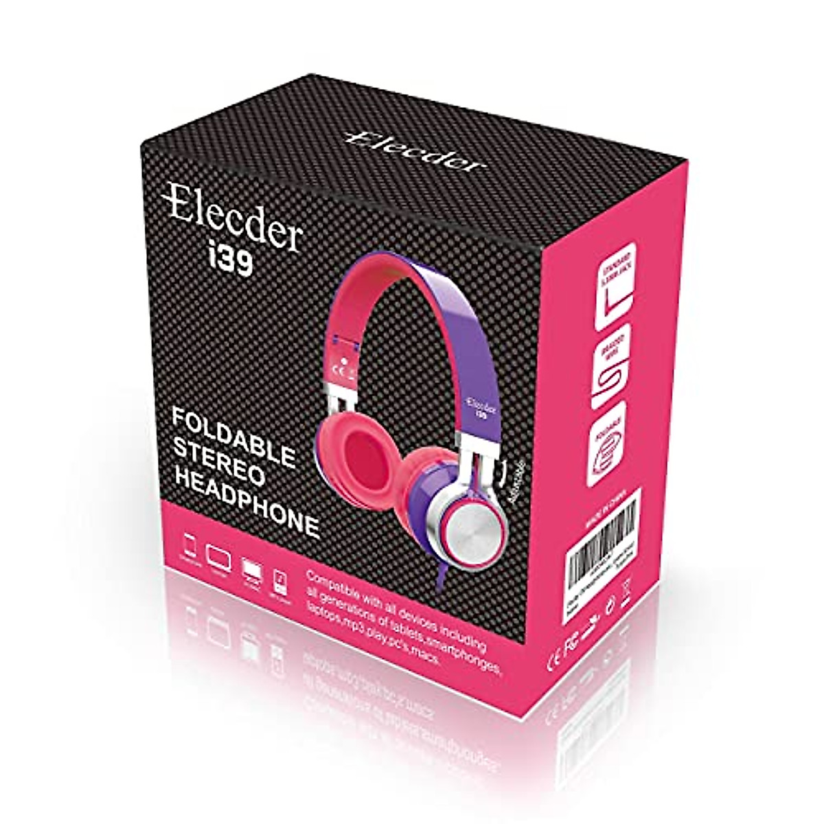 ELECDER i39 Headphones with Microphone Foldable Lightweight Adjustable On Ear Headsets with 3.5mm Jack for Cellphones Computer MP3/4 Kindle School Purple/Pink