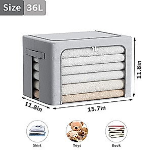 FHSQX Clothes Storage Bins,Foldable Clothing Storage Box,Stackable Steel Frame Oxford Fabric Organizer with Clear Window & Carry Handles