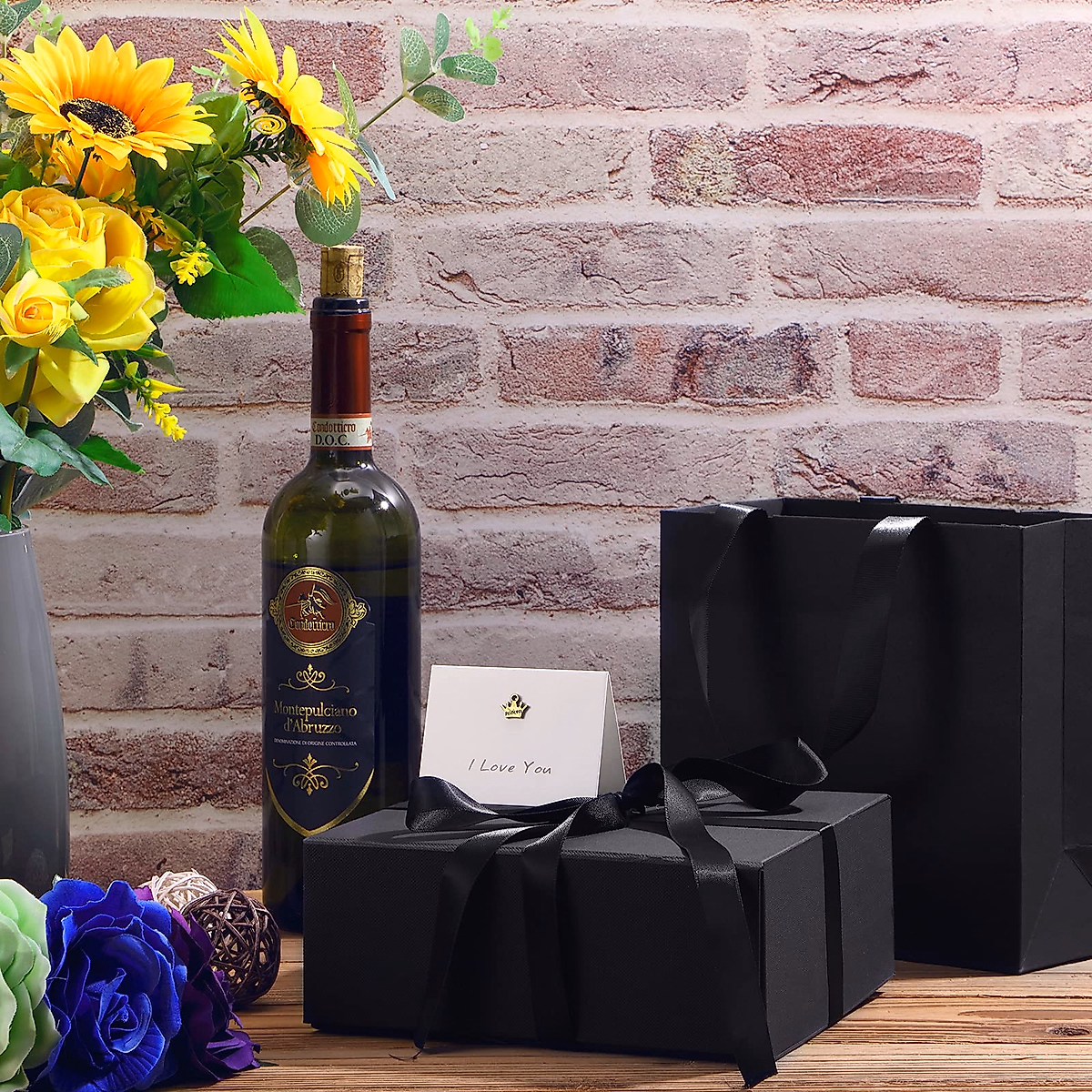 Gift Box 8 x 7 x 3 Inch,Valentines Day Present Box with Lid Paper Bridesmaids Proposal Box with Present Bag Card Ribbon Paper Filler,Gift Boxes for Presents,Wedding Birthdays Gift Packging (Black)