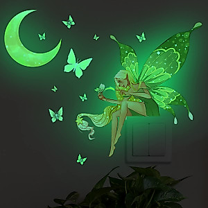 Glow in The Dark Butterfly Fairy Wall Sticker Luminous Moon Butterflys Wall Decals Cartoon Flower Fairy Princess Wall Stickers for Girls Bedroom Nursery Living Room Classroom Ceiling Decor Kids Gift