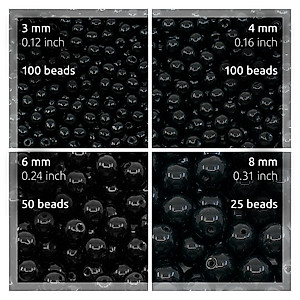 275 pcs Set of Czech Round Glass Beads, Jet Black - 3mm (100pcs), 4mm (100pcs), 6mm (50pcs), 8mm (25pcs) kit for Jewelry Making