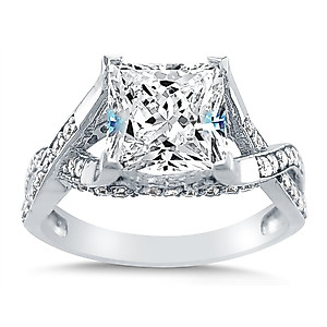 Size 7.5 - Solid 14k White Gold Princess Cut Solitaire with Round Side Stones CZ Cubic Zirconia Engagement Ring 2.5ct.