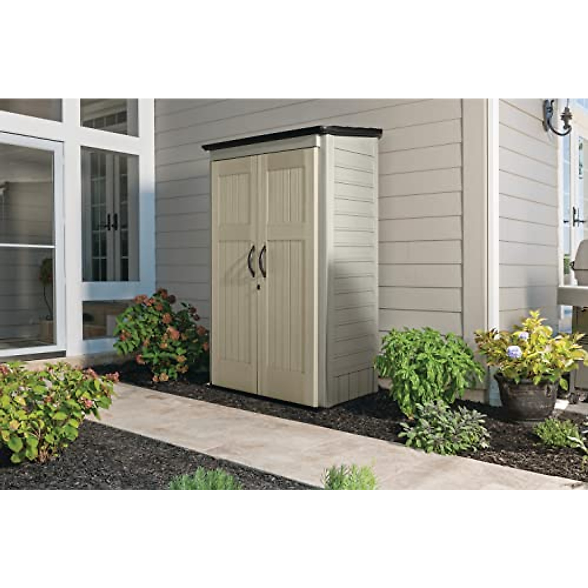 Rubbermaid Outdoor Small Vertical Resin Storage Shed, 5x2 Feet, Brown, Weather Resistant Utility Shed with Lock for Storage for Lawn Accessories/Power Tools/Outdoor Toys/Hose
