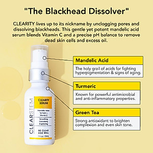 CLEARSTEM - CLEARITY The Blackhead Dissolver Mandelic Acid Serum - Vitamin C, Turmeric, Collagen Boost - All Skin Types - Facial Skin Care Products - Vegan, Gluten Free, Cruelty Free - 1 fl oz / 29ml