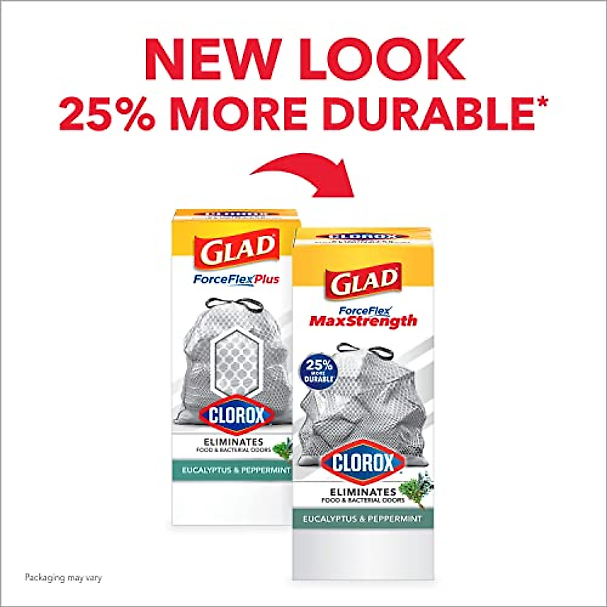Glad ForceFlex MaxStrength with Clorox Tall Kitchen Drawstring Trash Bags, 13 Gallon Grey Trash Bags, Eucalyptus and Peppermint Scent, 90 Count