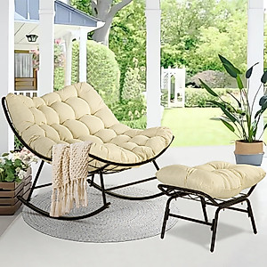 PORWEY Patio Rocking Papasan Chair, Outdoor & Indoor Egg Reading Chair, Oversized Royal Comfy Cozy Lounge Rocker Recliner with Large Cushion, Steel Frame and Ottoman for Bedroom, Living Room,Beige