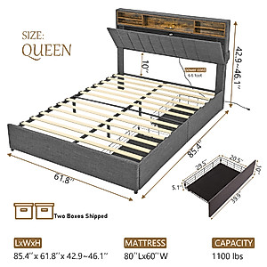 Queen Bed Frame with Tall Bookcase Headboard and Charging Station, LED Bed Frame with 2 Storage Drawers, Upholstered Mattress Foundation with Wooden Slats Support, No Box Spring Needed,Dark Grey