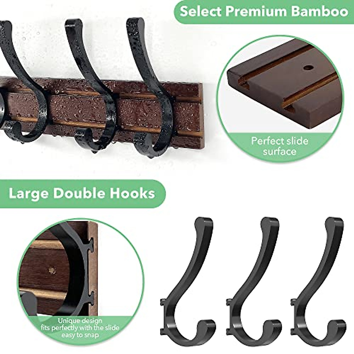 bussdis Coat Rack Wall Mount - 5 Wall Hooks for Hanging, Coat Hooks Wall Mounted, Bamboo Rustic Farmhouse Heavy Duty Towel Hooks, Coat Hook Rail for Coats, Towel, Hat, Keys, Purse, Bag and Robe