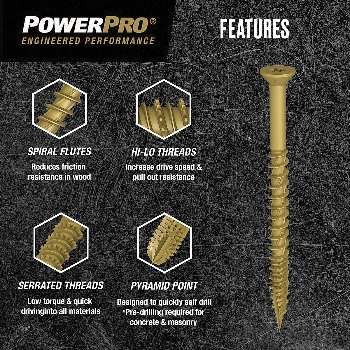 Power Pro Premium One Multi-Material Flat Head Screws, Epoxy Coated Steel, Fasten in Wood, Metal, Concrete, Drywall and Plastic, Bronze, ¼ x 3-½ inches, Box of 10 Screws