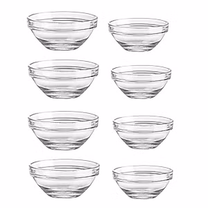 Housoutil 8PCS Stackable Food Prep Bowl, Multipurpose Clear Glass Jelly Bowls, Glass Stackable Dessert Bowls Set Dishware Safe for Kitchen Dessert, Dips, and Candy Dishes Nut (4XSmall, 4XLarge)